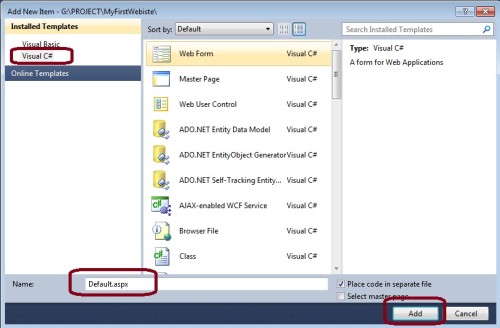 Adding web form in asp.net visual studio 2010