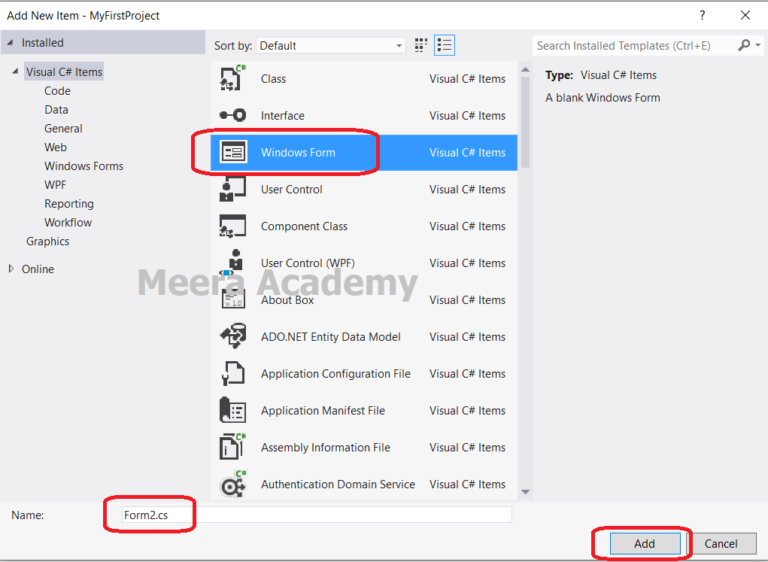 Adding new Windows Forms in C# Windows Application.